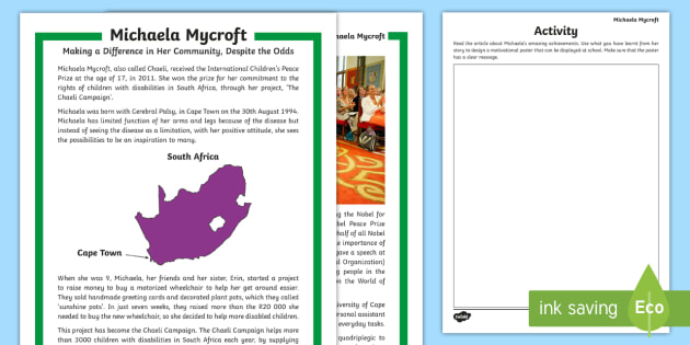 South African Youth Heroes: Michaela Mycroft Activity