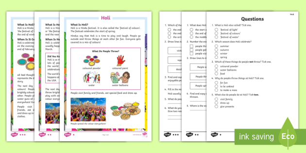 KS1 Holi Differentiated Reading Comprehension Activity