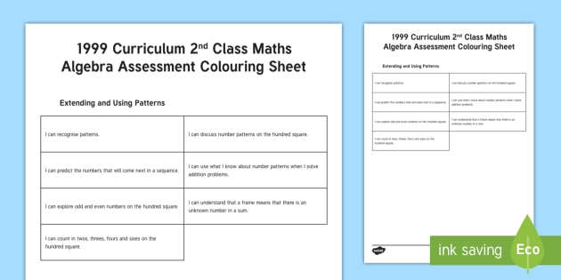 1999 Curriculum 2nd Class Maths Algebra Assessment Targets Colouring Sheet
