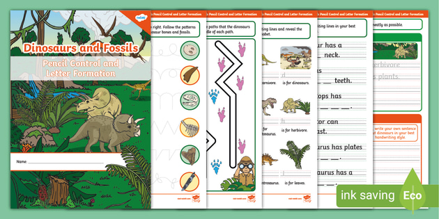 KS1 Dinosaurs and Fossils Pencil Control and Letter Formation Handwriting
