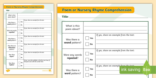 Poetry and Nursery Rhyme Comprehension Worksheet