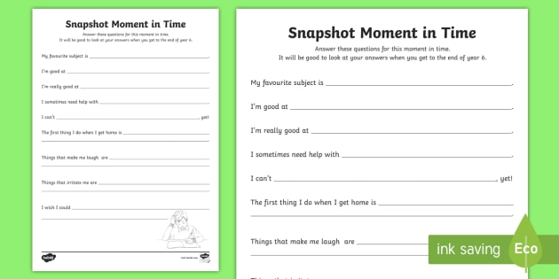 Year 6 Back to School Snapshot Moment in Time Worksheet / Worksheet
