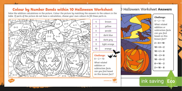 👉 Colour by Number Bonds Within 10 Halloween Worksheet