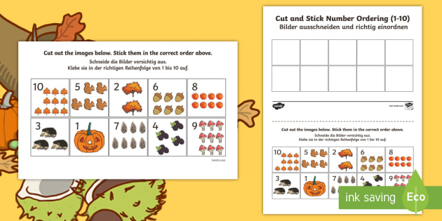 Autumn Themed Cut and Stick Number Ordering Sheets 1-10 Activity