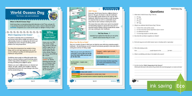 UKS2 World Oceans Day Differentiated Reading Comprehension Activity