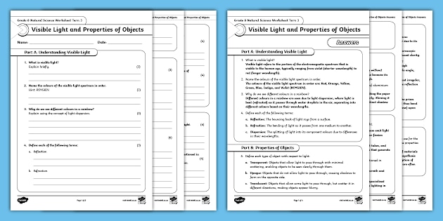 Grade 8 Science Worksheets Grade 8 Natural Science Visible Light