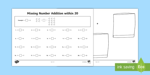 Missing Number Addition Within 20 Worksheet (teacher made)