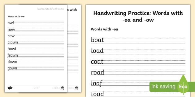 Handwriting Practice: Words with -oa and -ow (teacher made)