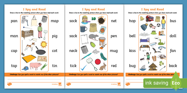I Spy and Read: Phase 2 Phonics– Picture Reading Worksheets