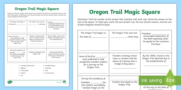 Oregon Trail Magic Square Activity (teacher made)