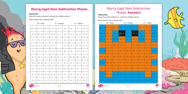 Starry-Eyed Stan Math Mosaic Subtraction Worksheet