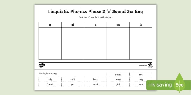 Linguistic Phonics Phase 2 ‘e’ Sound Sorting Activity Sheet