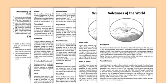 World Volcanoes Comprehension Worksheet / Worksheets English/Polish - World