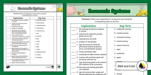 Economic Definitions Worksheet