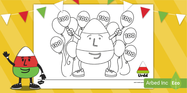 Canmlwyddiant yr Urdd: Taflen Lliwio Mistar Urdd Balŵns/Urdd Centenary: Mr