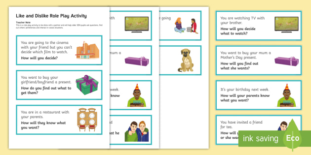 Likes and Dislikes Role Play Word Cards (teacher made)