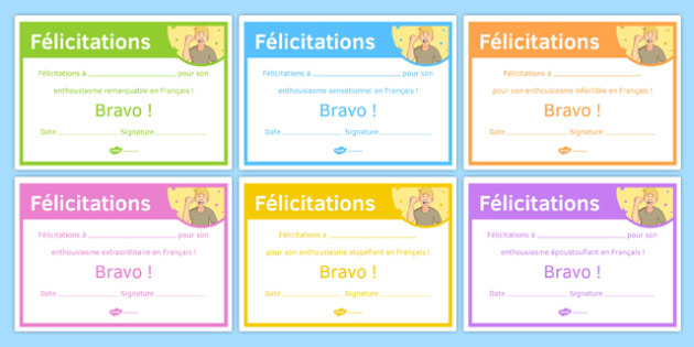French End of Year Enthusiasm Award Certificate-French