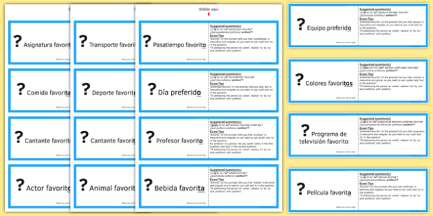 GCSE Spanish Asking Questions Favourite Things Practice Cards