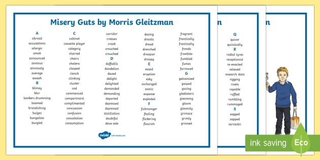 Vocabulary Mats to Support Teaching on Misery Guts by Morris Gleitzman Word