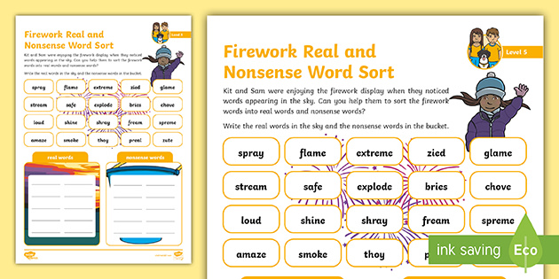 Level 5 Firework Real and Nonsense Word Sort (teacher made)