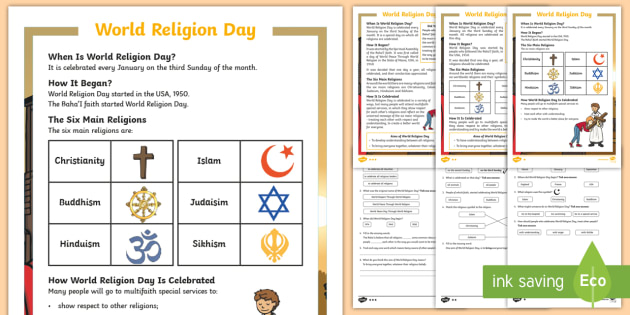KS1 World Religion Day Differentiated Reading Comprehension Activity
