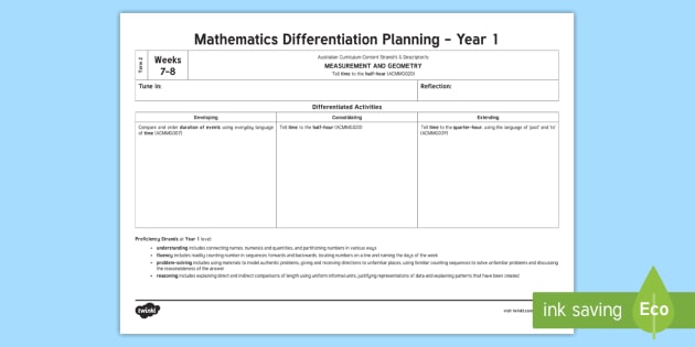 Year 1 Time Mathematics Differentiated Plan (teacher made)