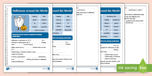 Halloween around the World Cloze Activity Differentiated KS1