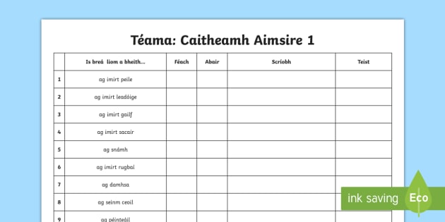 Caitheamh Aimsire, Spelling Worksheet / Worksheet - Gaeilge