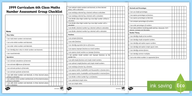 1999 Curriculum 6th Class Maths Number Assessment Group Checklist
