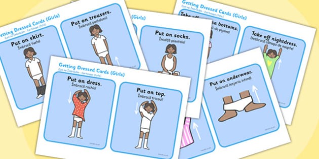 Getting Dressed Cards Girls Romanian Translation - romanian