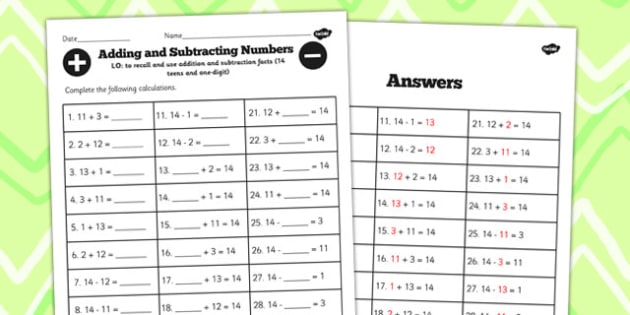 Number Facts to 14 Worksheet Teens Add One Digit