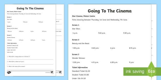 Entry Level 1 Reading Comprehension Going To The Cinema Worksheet Entry Level 1 Reading Comprehension Going To The Cinema Worksheet