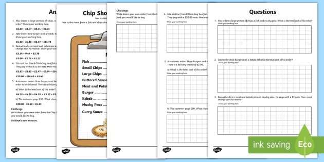 Chip Shop Takeaway Worksheet / Worksheet (teacher made)