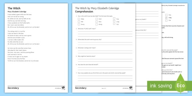 'The Witch' by Mary Elizabeth Coleridge Reading Comprehension