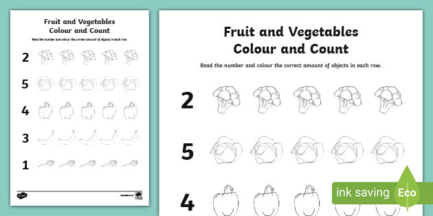 Fruit and Vegetable Themed Count and Colour Sheet