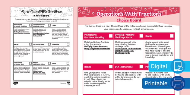 Operations With Fractions Math Choice Board