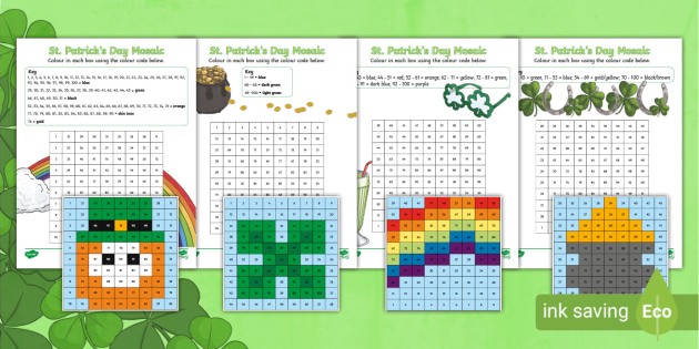 St. Patrick's Day 1-100 Number Hunt Math Mosaics - St. Patrick's Day ...