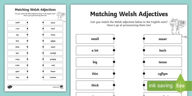Matching Welsh Adjectives Activity Sheet (teacher made)