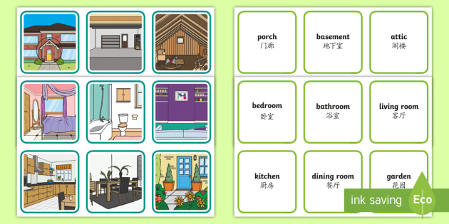 Parts of the House Matching Cards - English/Mandarin Chinese
