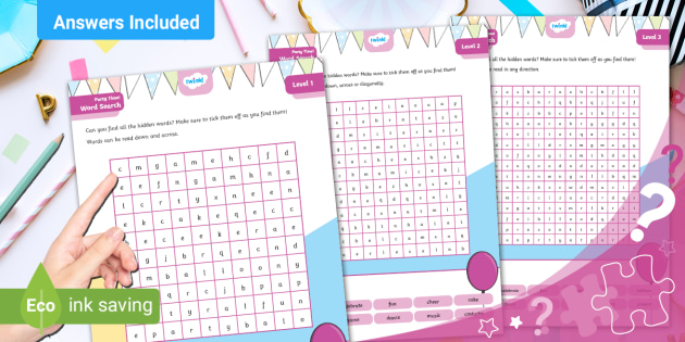 Party Time Fun Word Search Puzzle - All Levels - Twinkl