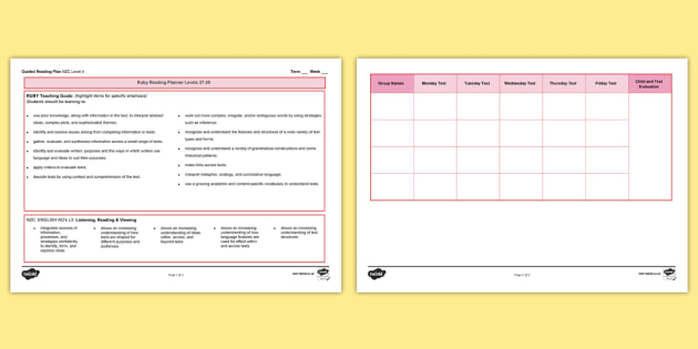 New Zealand Ruby Level Weekly Reading Plan (teacher made)