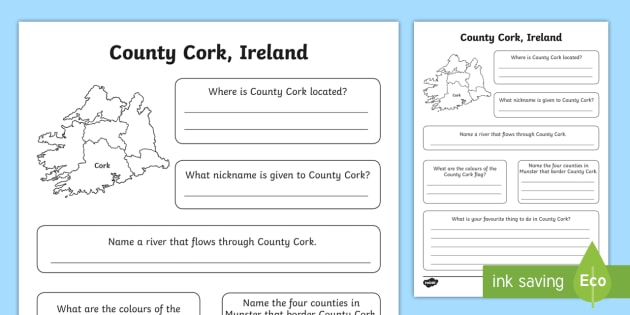 County Cork Map and Questions Worksheet (teacher made)