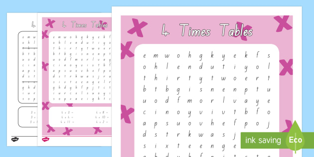 Multiplication 4 Times Tables Word Search Worksheet / Worksheet