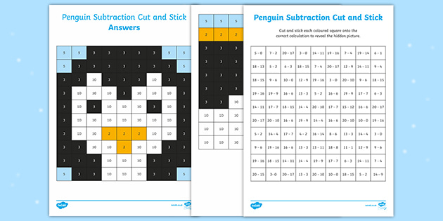 Penguin Subtraction Cut and Stick Mosaic (Teacher-Made)