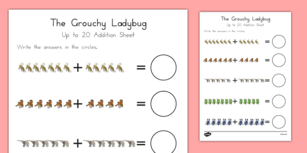 The Grouchy Ladybug Up to 20 Addition Sheet - usa, america, the grouchy