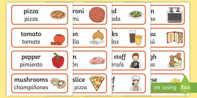 FREE! - Pizza Parlour Role Play Word Cards - English / Spanish