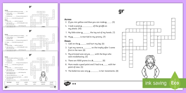 'gr' Consonant Blend Differentiated Crossword (teacher made)
