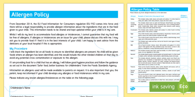 Childminder Allergy Policy (teacher made)