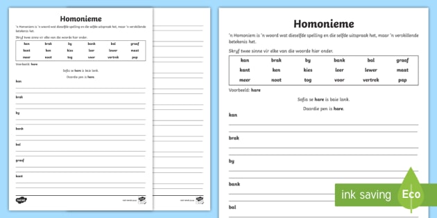 Homonieme Dubbele Betekenis Aktiwiteit bladsy (teacher made)