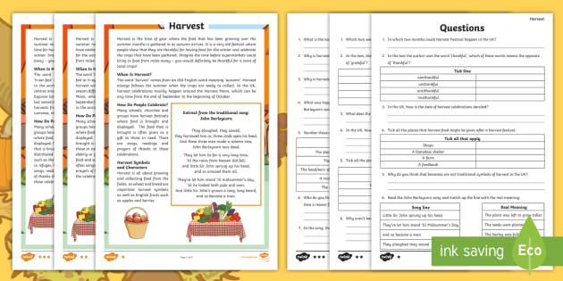 Harvest Differentiated Differentiated Reading Comprehension Activity